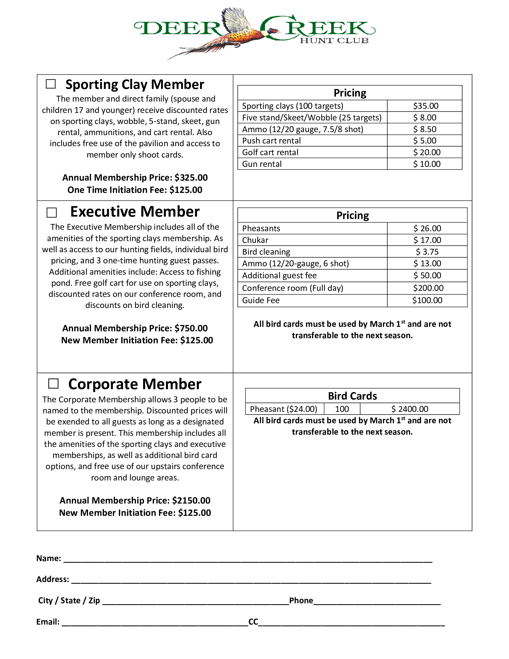 Deer Creek Hunt Club Membership pricing and options